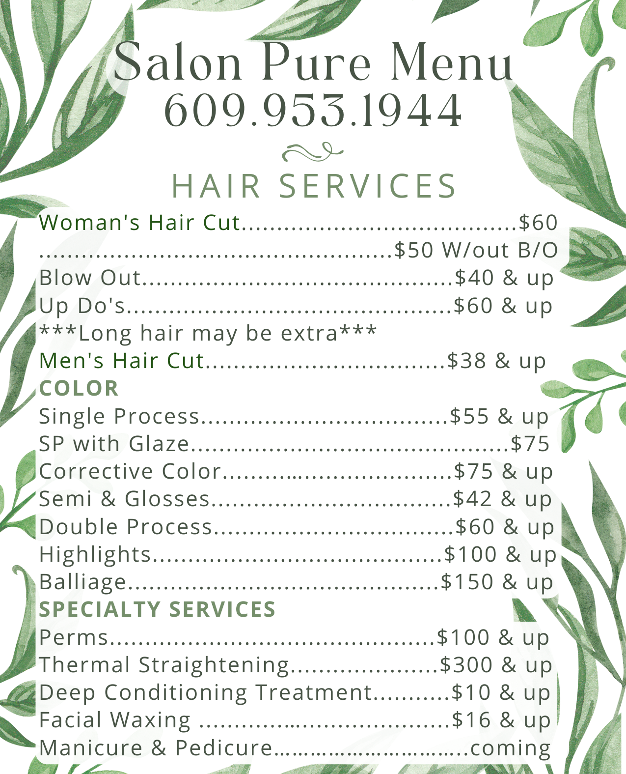 Our Menu – salon PURE of Medford NJ